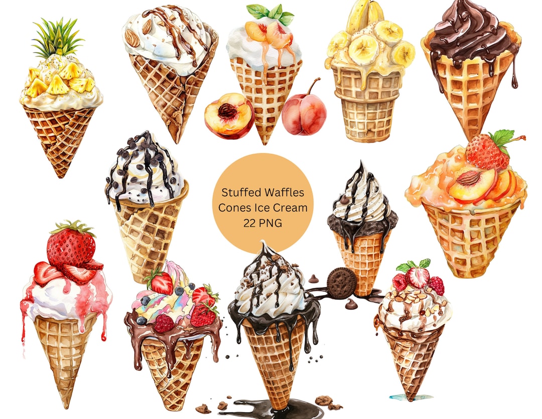 Watercolor Stuffed Waffles Cones Ice Creams Clipart, PNG Individual ...