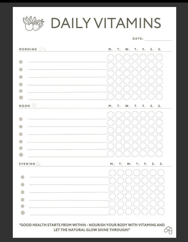 Daily Vitamin Tracker Printable, Supplement Checklist, Vitamin İntake ...