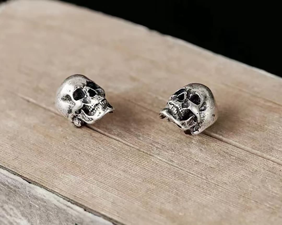 Two 925 Silver Sterling Silver Skull Stud Earrings, Personality Skull ...