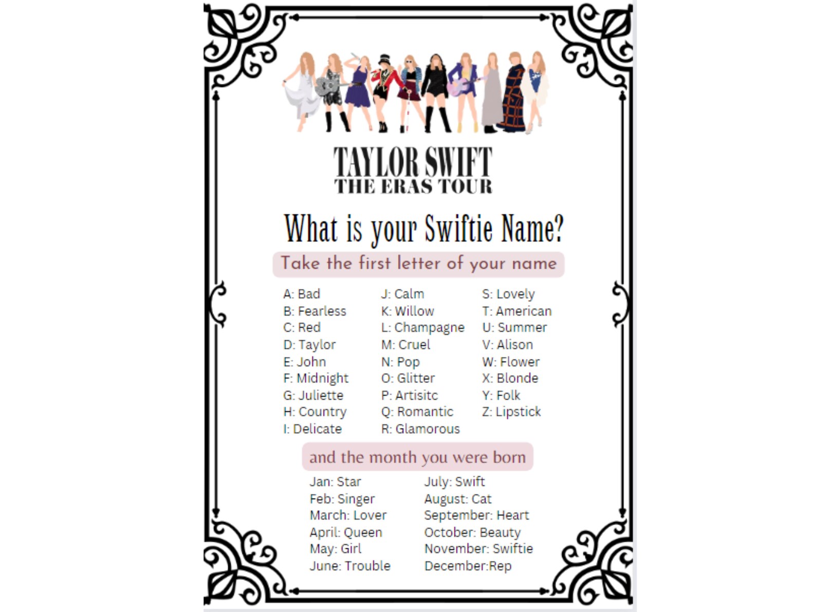 Taylor Swift Inspired Game & Name Poster, Instant Download Printable ...