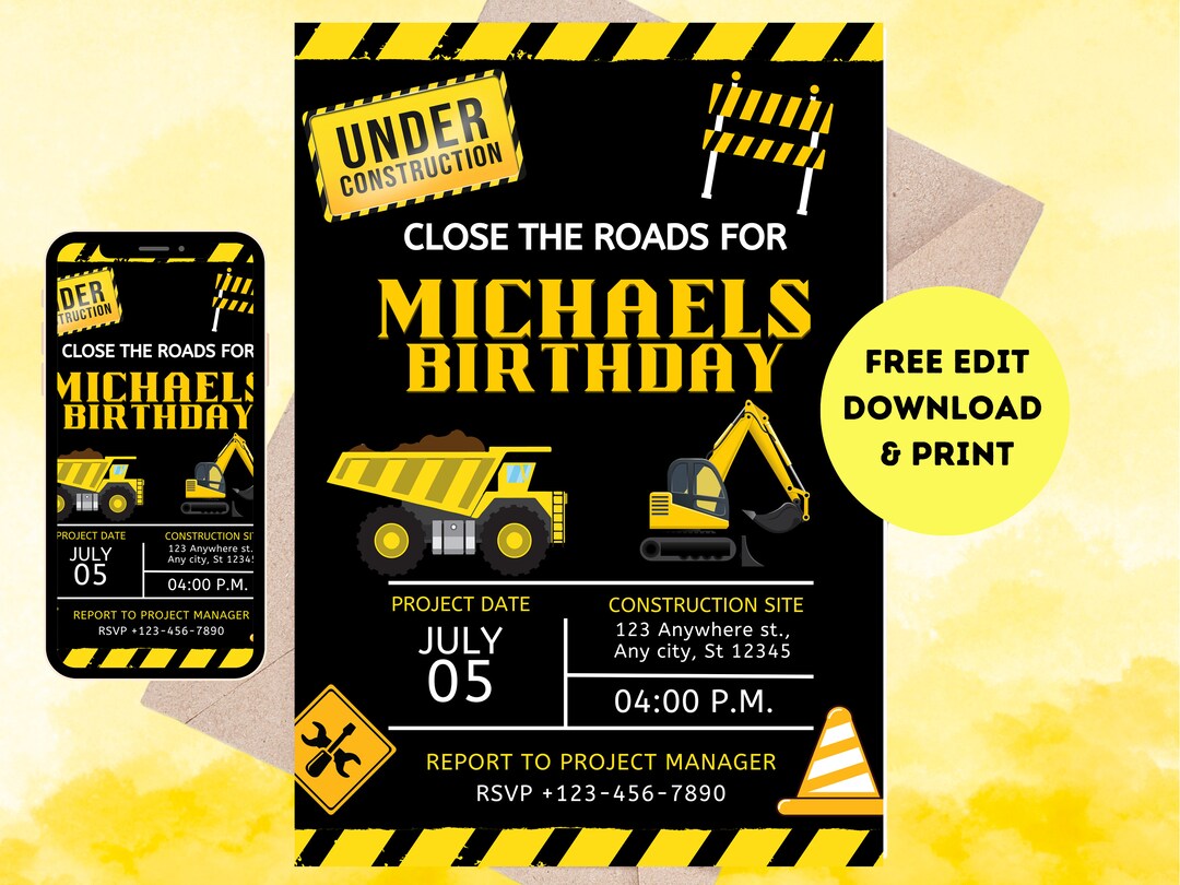 Construction Birthday Party Invitation Template, Construction ...