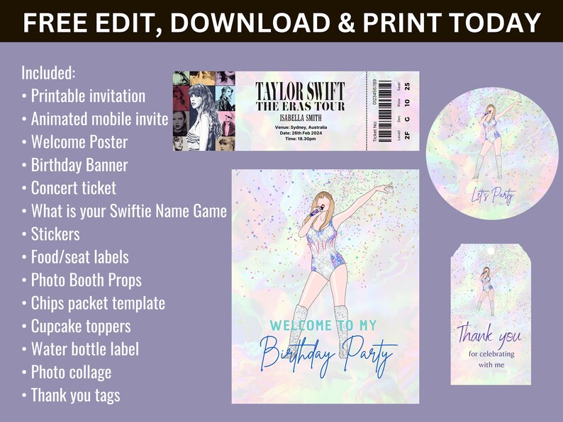 Taylor Swift Inspired Party Bundle, Editable Digital Invite, Birthday ...