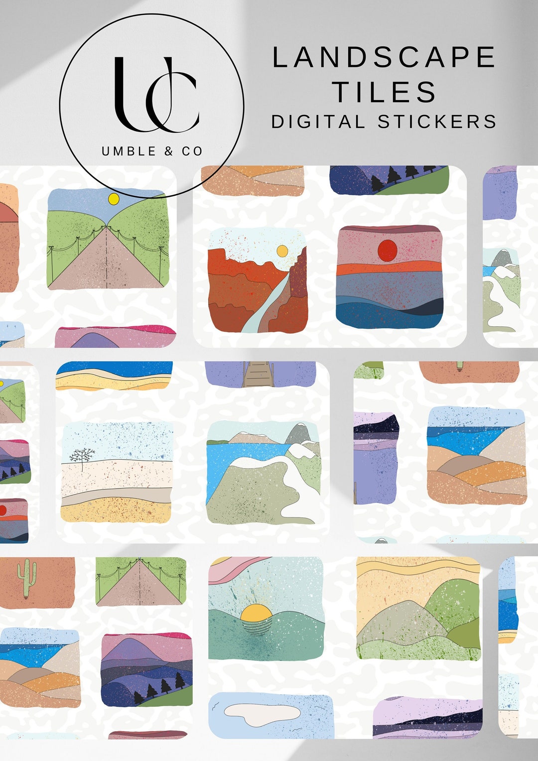 NATURAL DIGITAL DOWNLOAD Landscape Tiles Illustrations Drawing Trendy ...