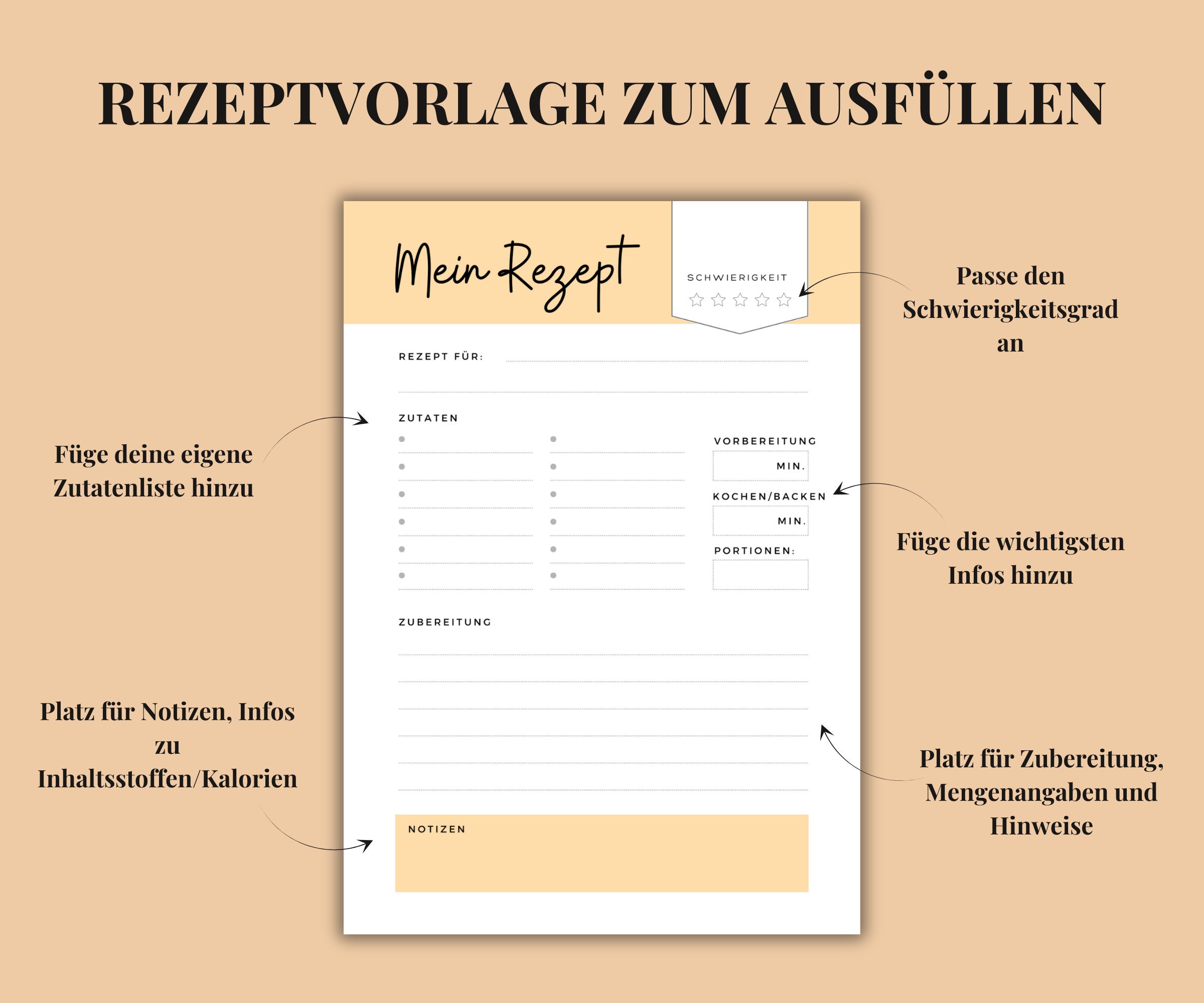 Rezeptvorlage zum Ausfüllen, Vorlage Rezept A4 und A5, DIY Rezeptbuch ...