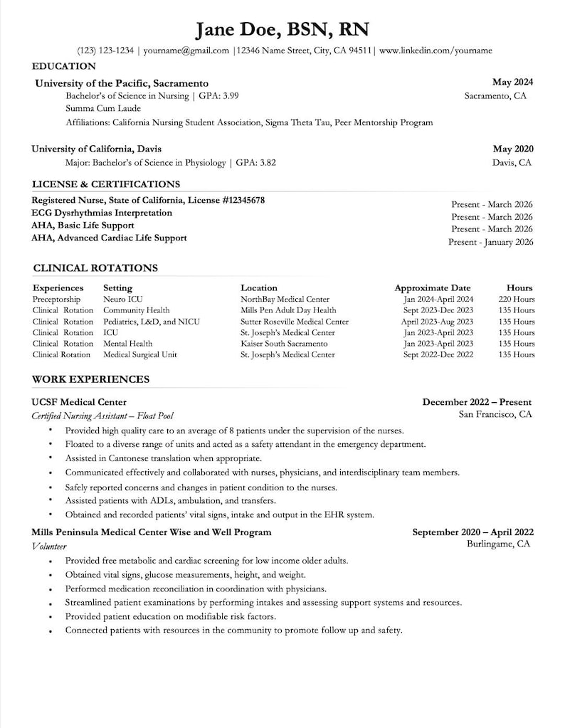 New Grad Nurse Resume Template - Etsy