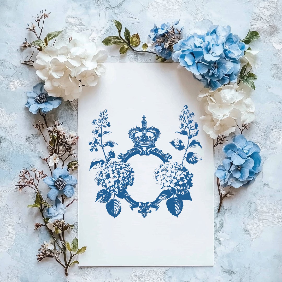 Vintage Hydrangea Wedding Crest Line Art Wedding Crest One Color Drawn ...
