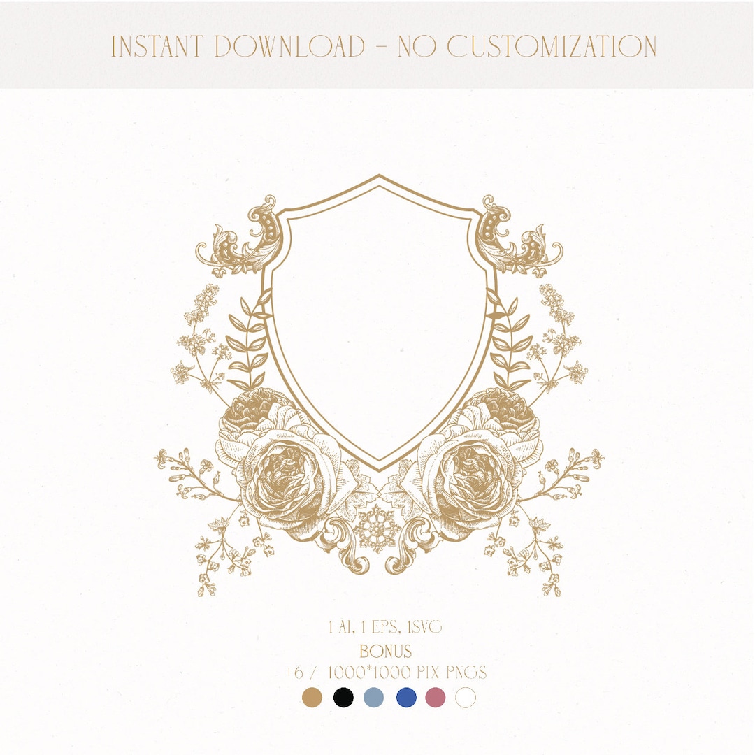 Vintage Floral Crest Wedding Logo, Sketched Botanical Logo, Vintage ...