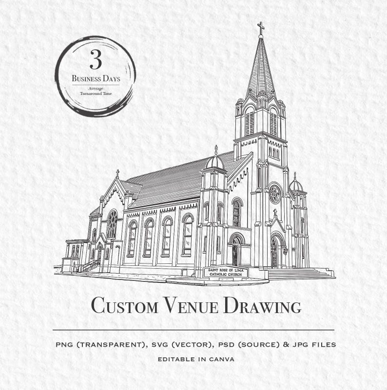 Custom Church Venue Illustration, Personalized Wedding Gift (digital ...