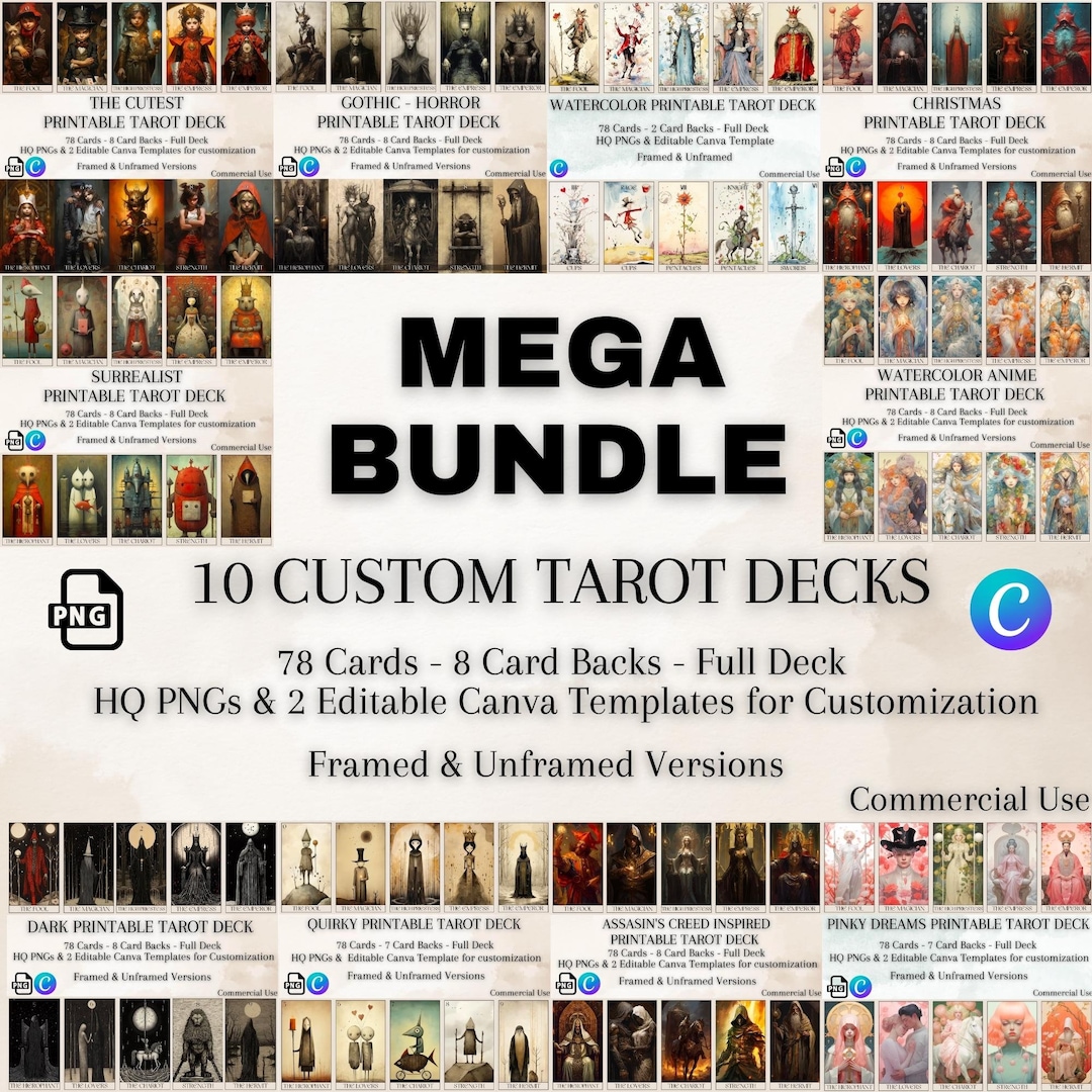 Mega Tarot Deck Bundle: 10 Unique Decks, Editable Canva Templates ...