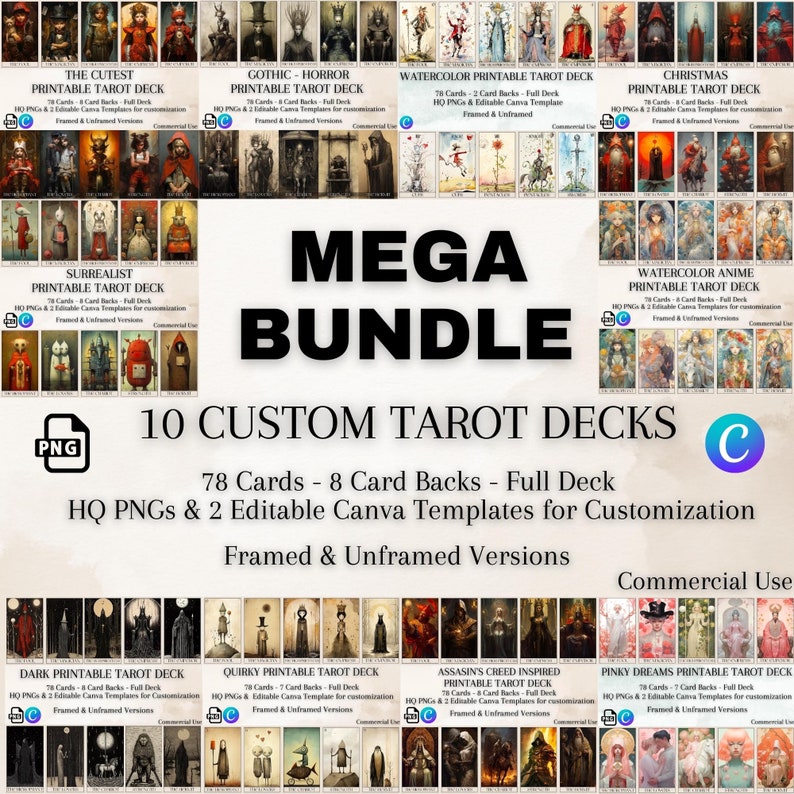 Mega Tarot Deck Bundle: 10 Unique Decks, Editable Canva Templates ...