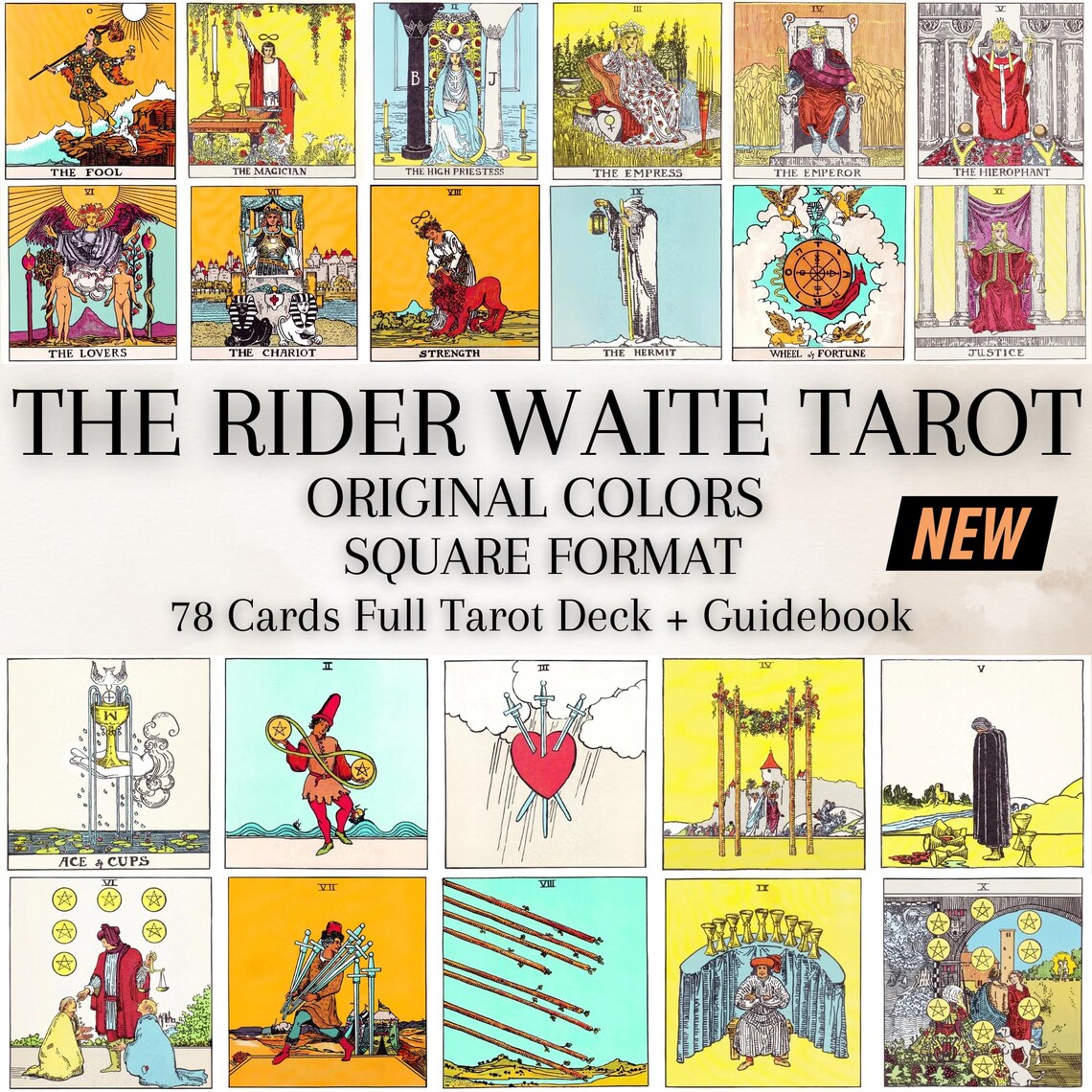 Square Rider Waite Tarot Deck: Original Colors, 78 Cards + Guidebook ...