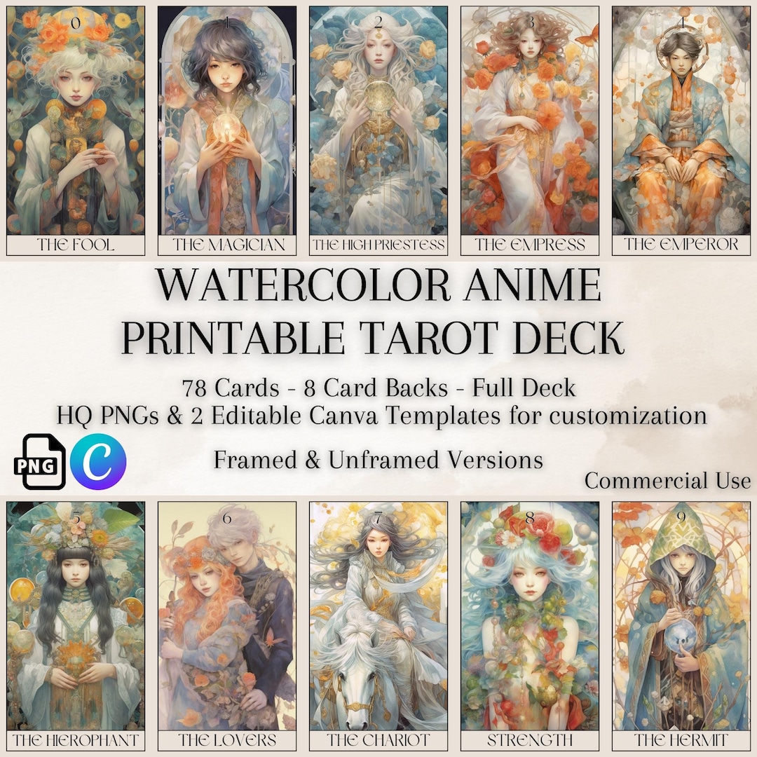 Watercolor Anime Tarot Card Deck: 78 Cards, Editable Templates (digital ...