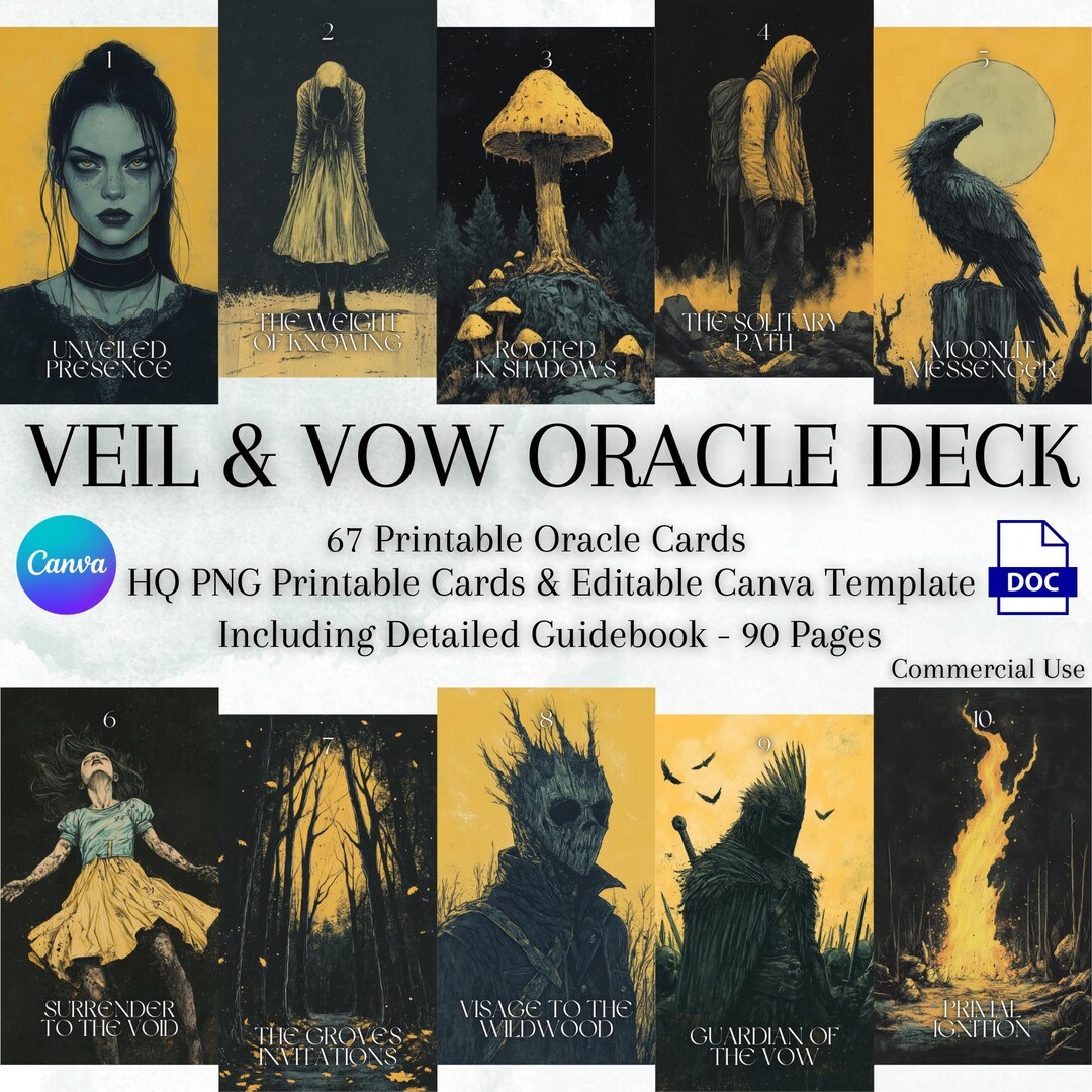 Printable Oracle Deck, Veil & Vow, 67 Printable Shadow Work Cards ...