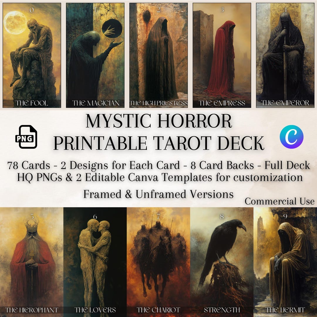 Printable Tarot Deck, 78 Cards, Mystic Horror, 2 Designs Each, HQ Pngs ...