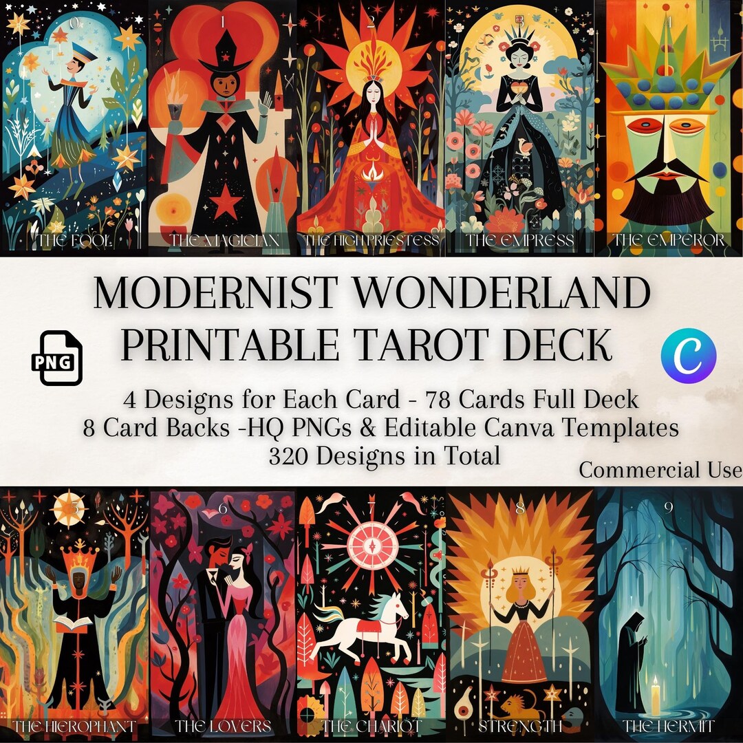 Printable Tarot Card Deck- Modernist Wonderland, 78 Cards, 4 Designs ...