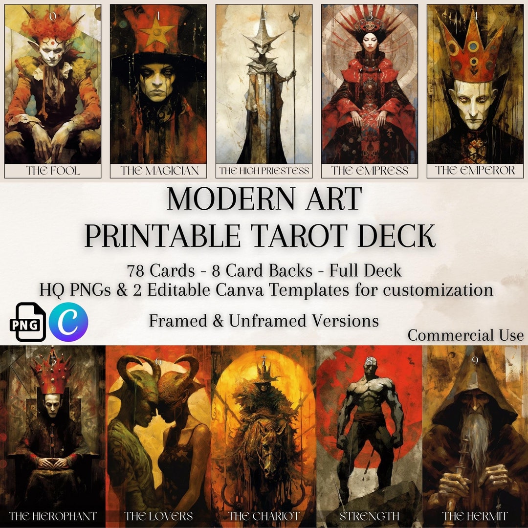 Printable Tarot Card Deck Modern Art Freehand Style - 78 Cards + 8 ...