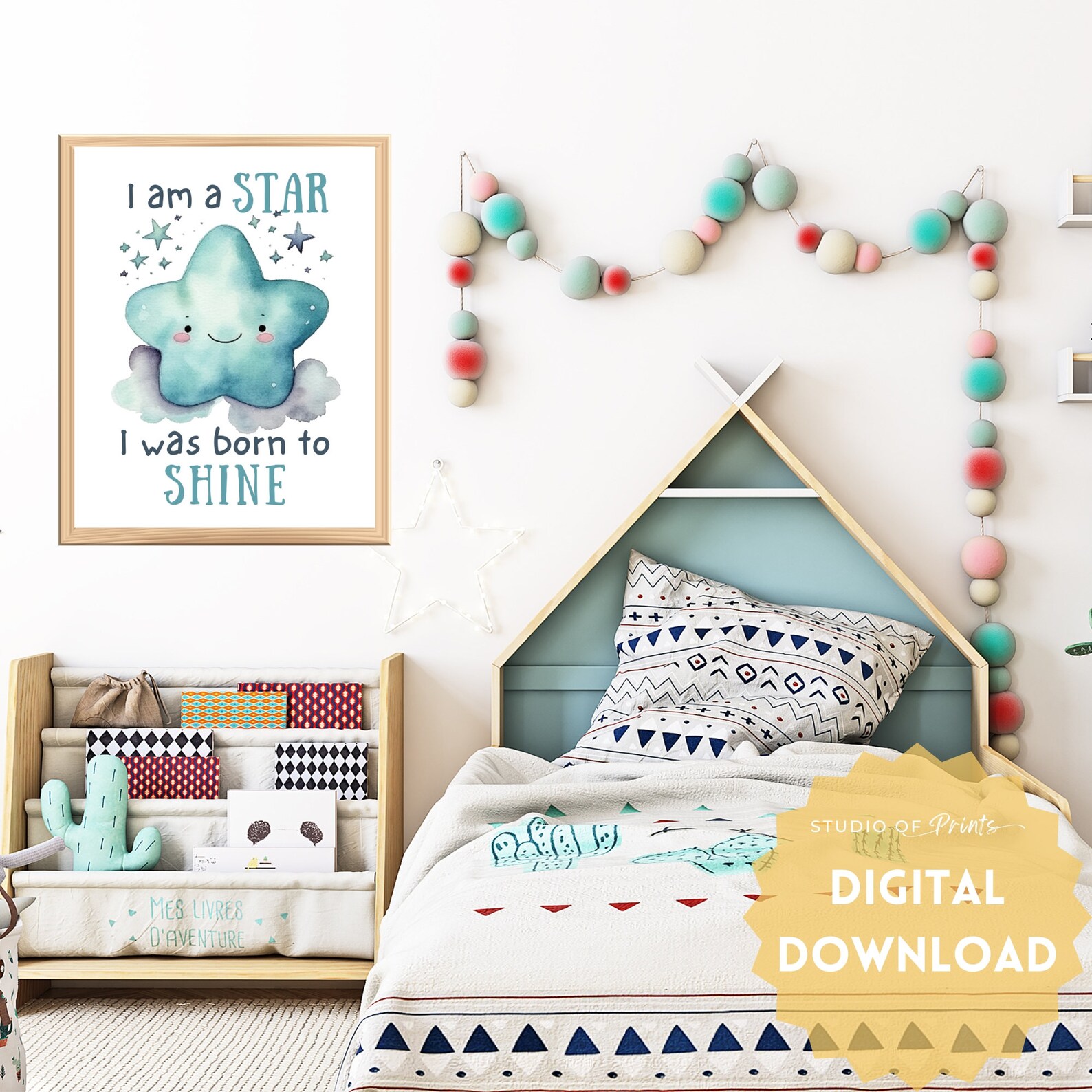 Positive Print for Playroom Cute Star Wall Art for Kids Bedroom Blue ...