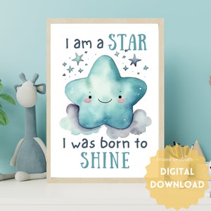 Positive Print for Playroom Cute Star Wall Art for Kids Bedroom Blue ...