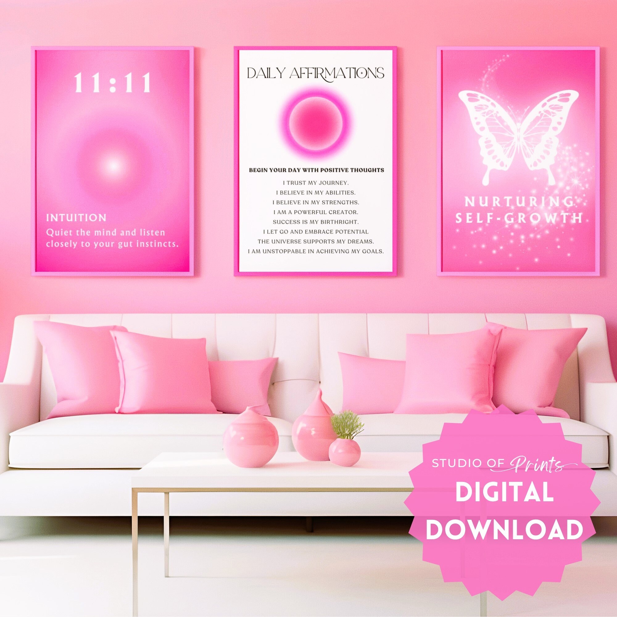 Pink Gallery Wall Art Positive Poster Set of 3 Affirmations Pink ...