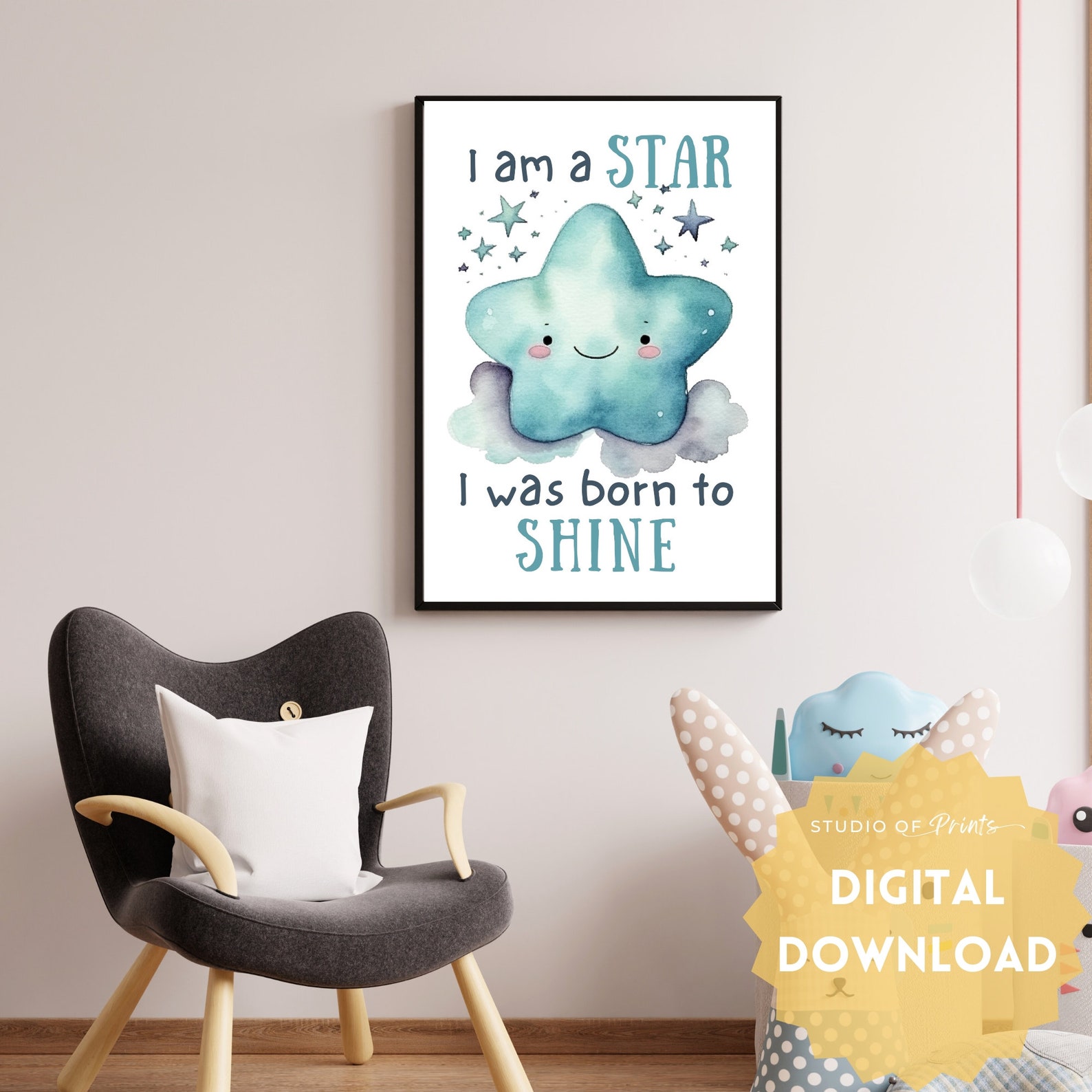 Positive Print for Playroom Cute Star Wall Art for Kids Bedroom Blue ...