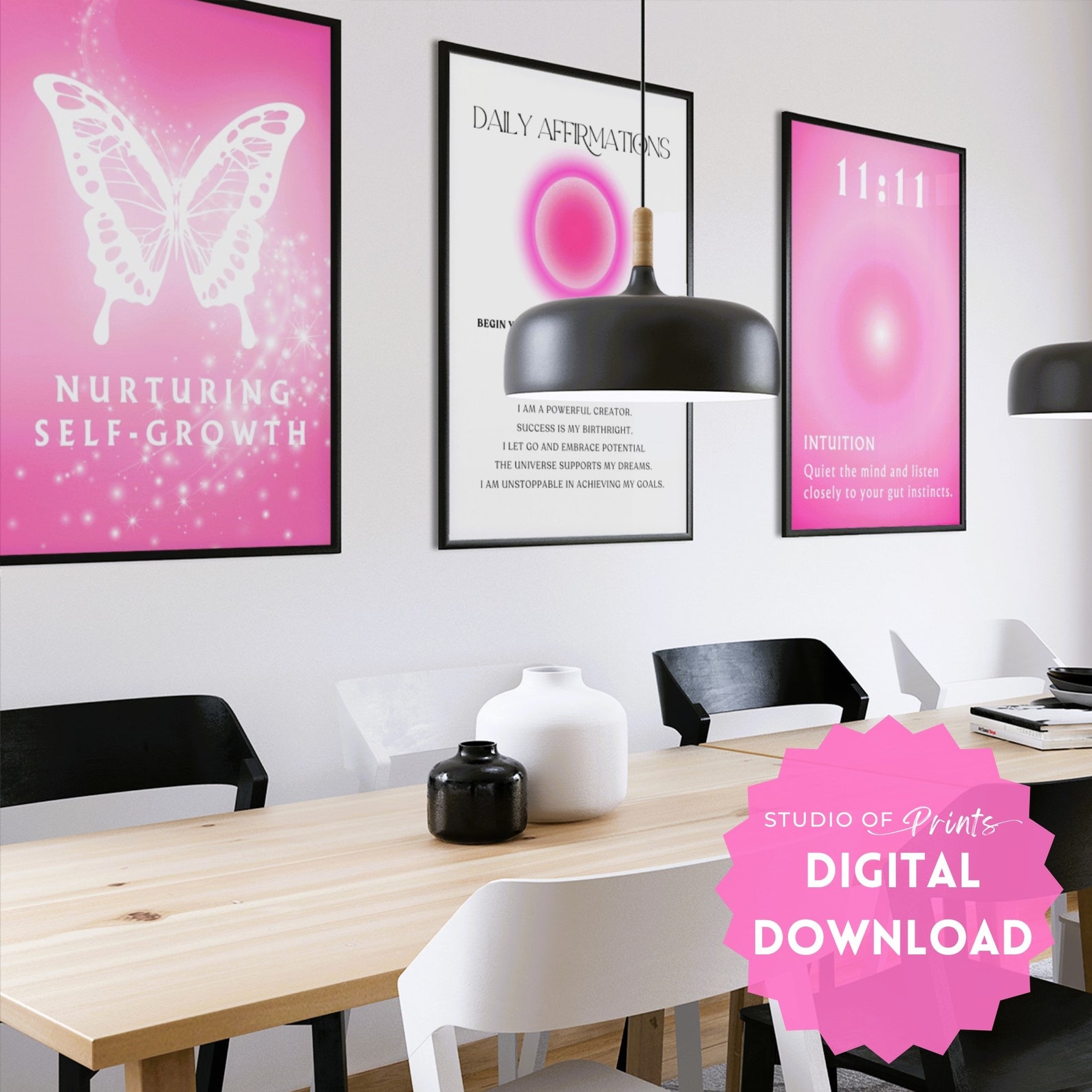 Pink Gallery Wall Art Positive Poster Set of 3 Affirmations Pink ...