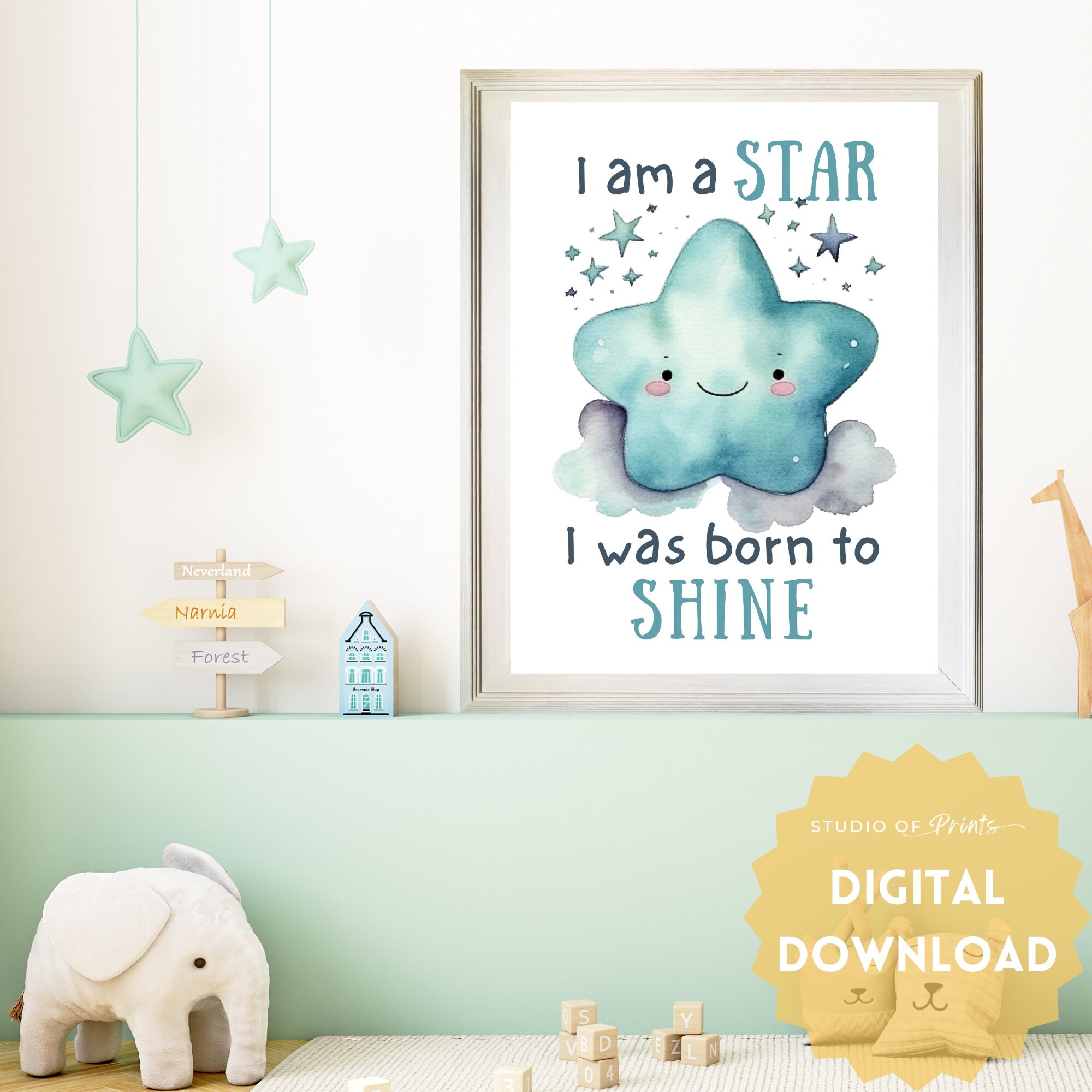 Positive Print for Playroom Cute Star Wall Art for Kids Bedroom Blue ...