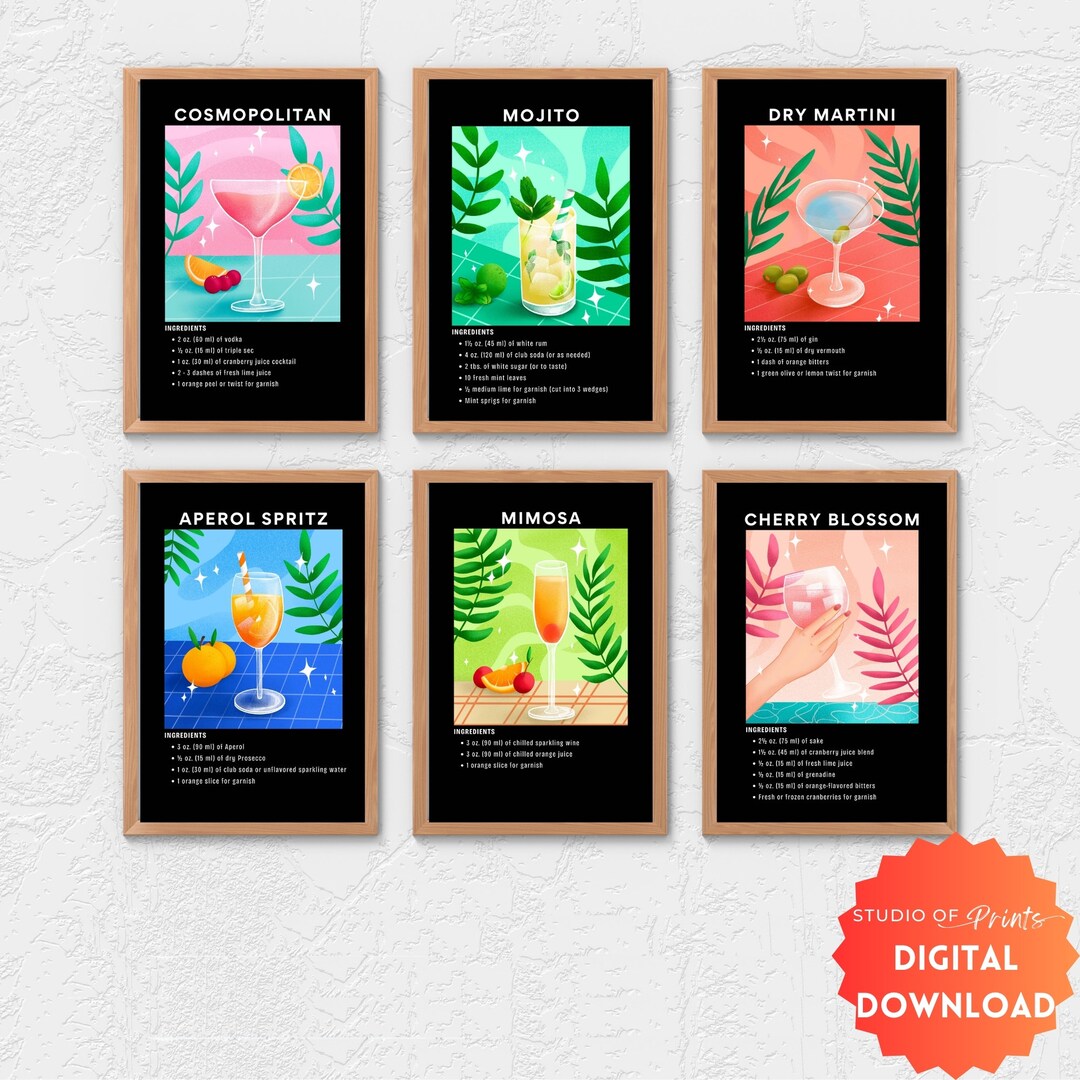 Gallery Wall Cocktail Poster Set of 6 Bar Poster Trendy Wall Décor ...