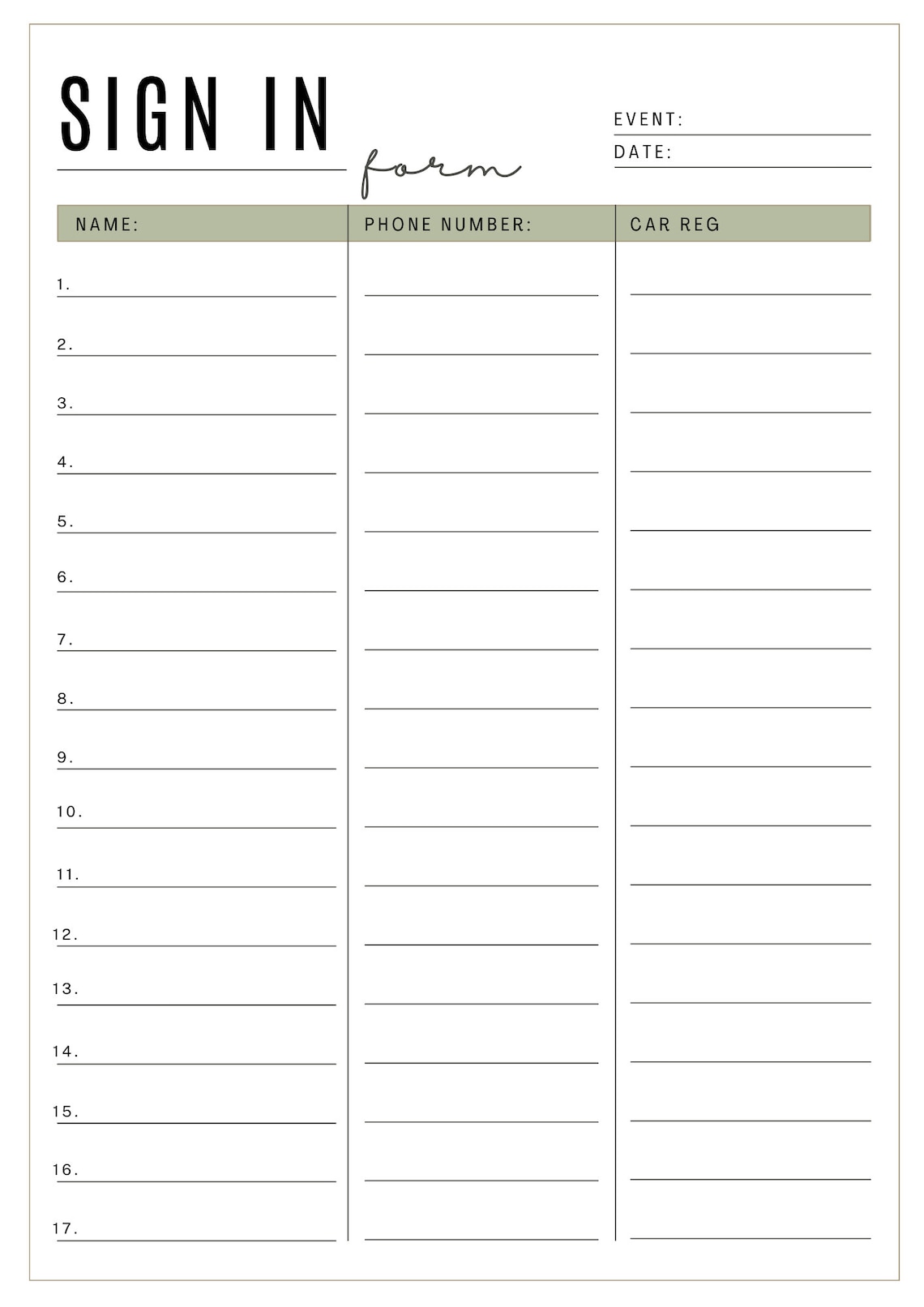 Vehicle Sign in Sheet Business Place Sign in Sheet to Print - Etsy