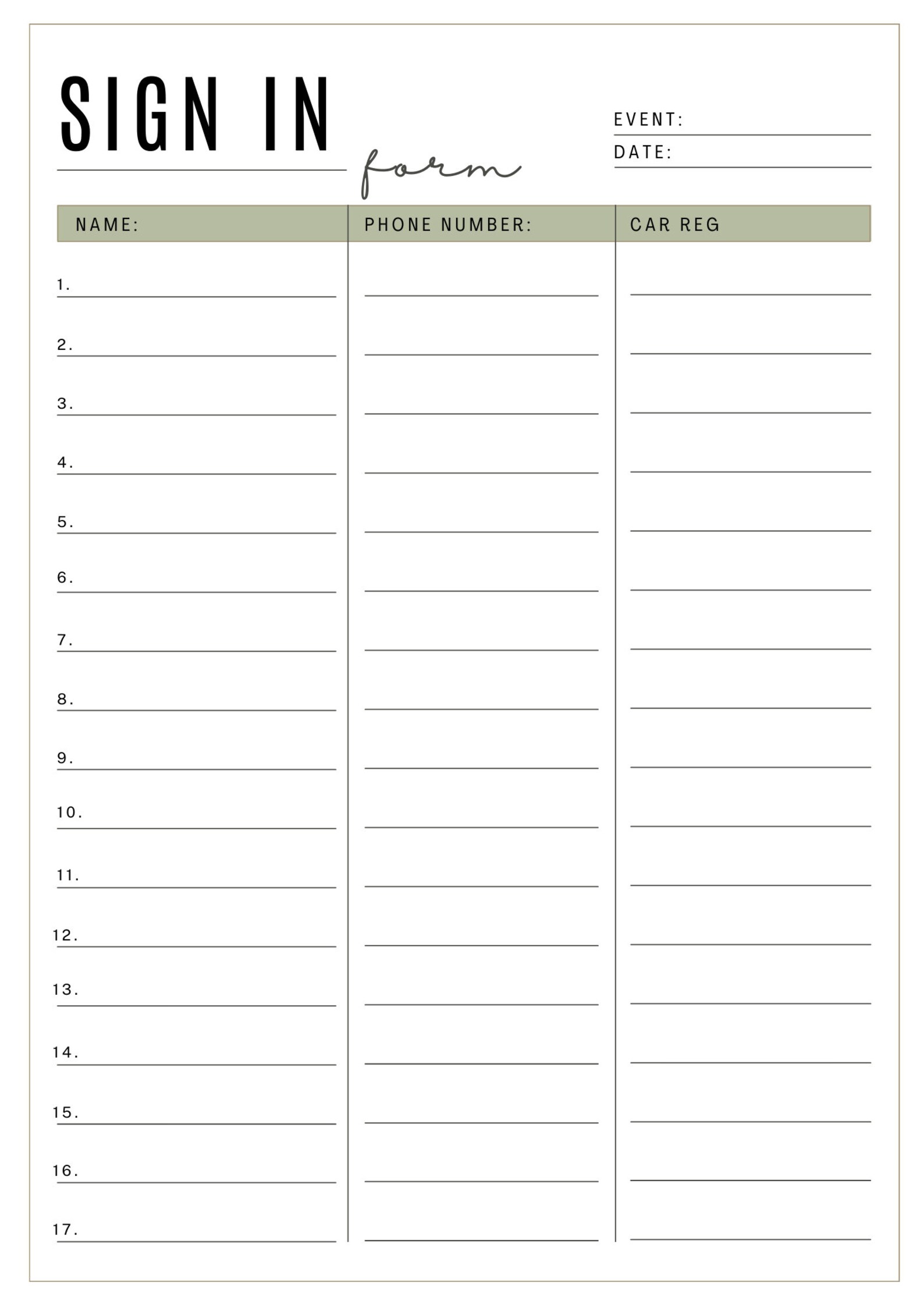 Vehicle Sign in Sheet Business Place Sign in Sheet to Print - Etsy