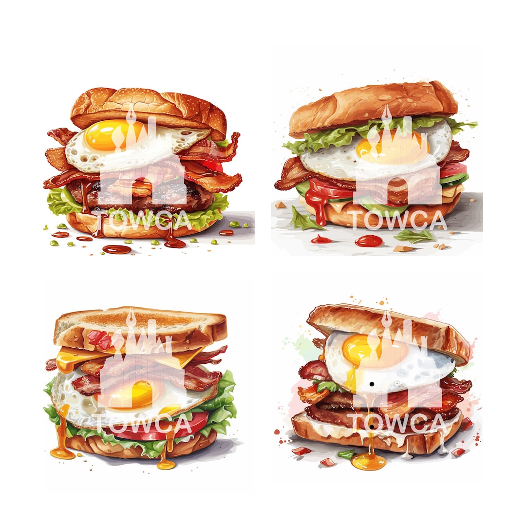 BREAKFAST SANDWICH CLIPART, Set of 8 Watercolour Clipart, Cartoon Clip ...