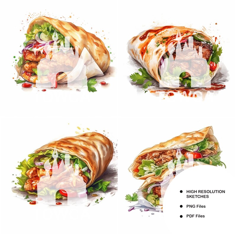 Set of 8 Digital KEBAB CLIPART, Watercolour Clipart, Cartoon Clip Art ...