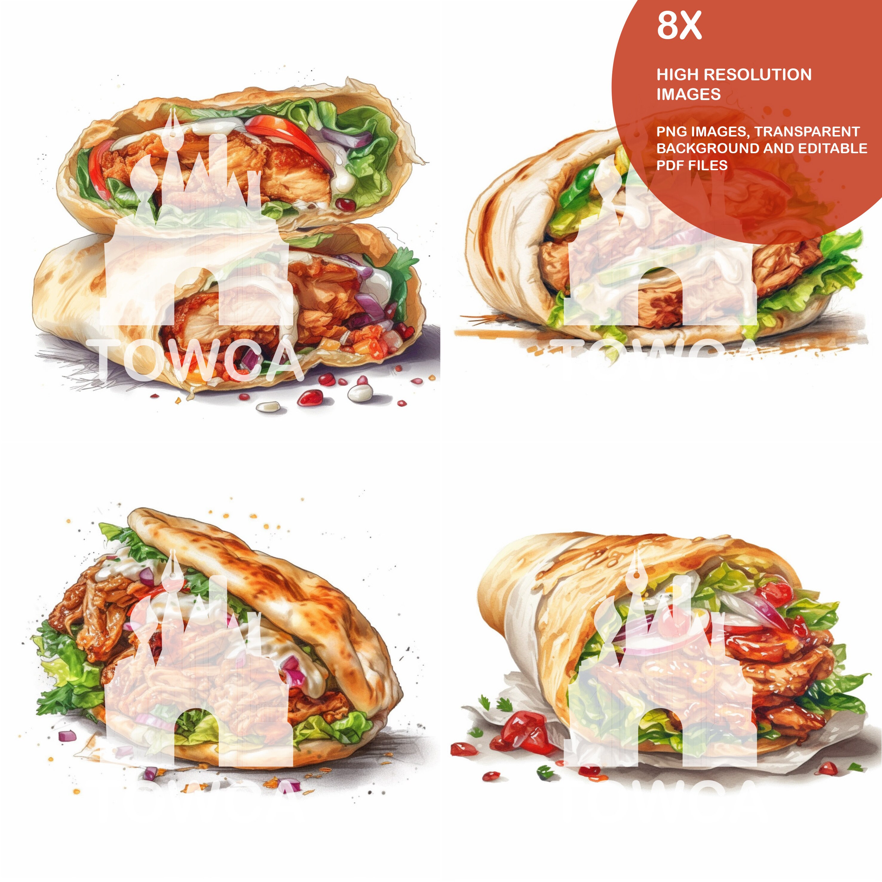 Set of 8 Digital KEBAB CLIPART, Watercolour Clipart, Cartoon Clip Art ...