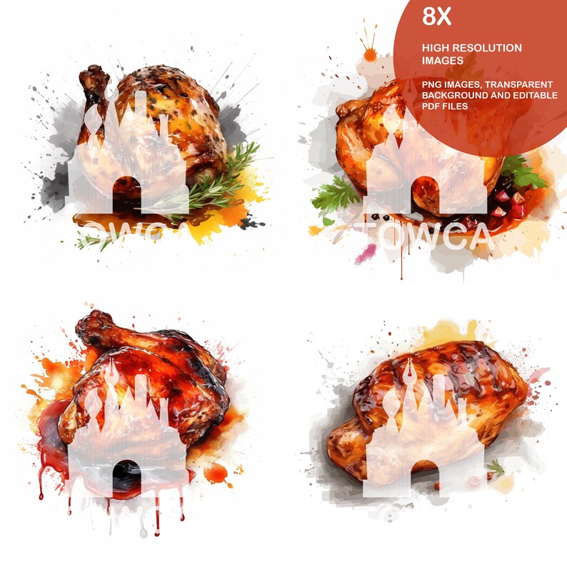 GRILLED CHICKEN CLIPART, Set of 8 Watercolour Clipart, Cartoon Clip Art ...