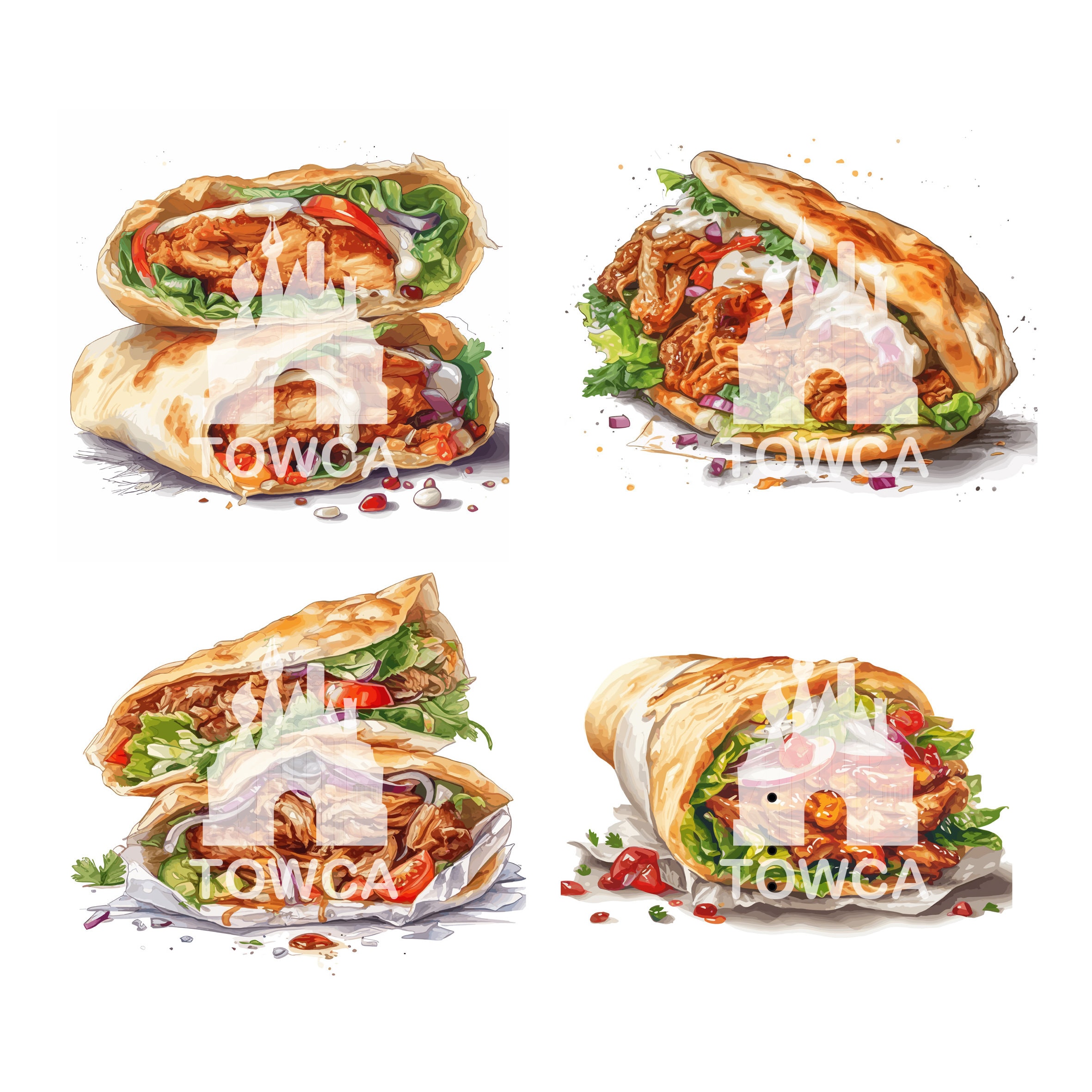 Set of 8 Digital KEBAB CLIPART, Watercolour Clipart, Cartoon Clip Art ...