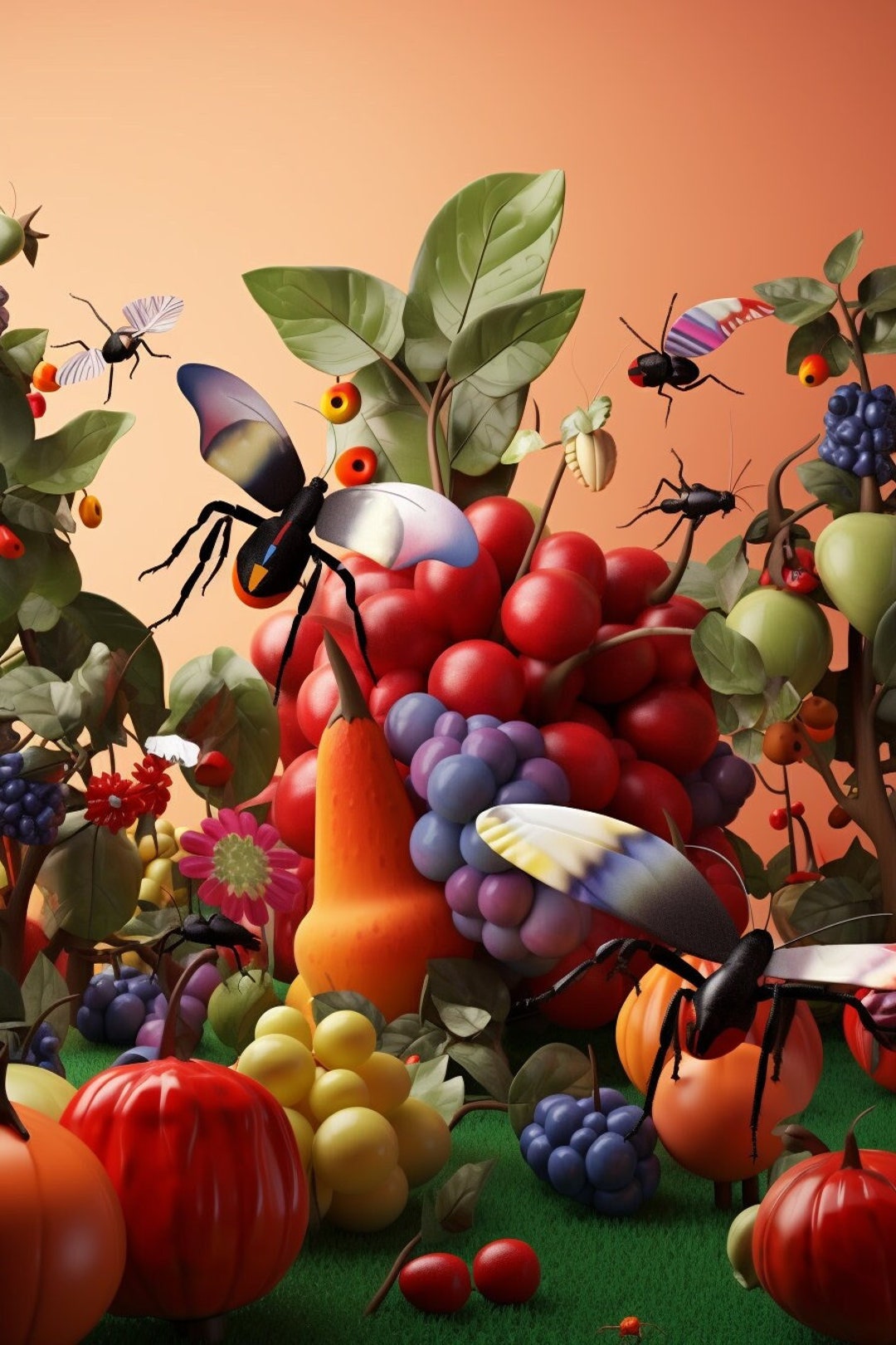 Discover a Magical World: Giant Insects in a Juicy Fruit Garden Poster ...