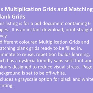 Multiplication Grid 3 Sets, Times Tables and Blank Grids, 1-12 Dyslexia ...