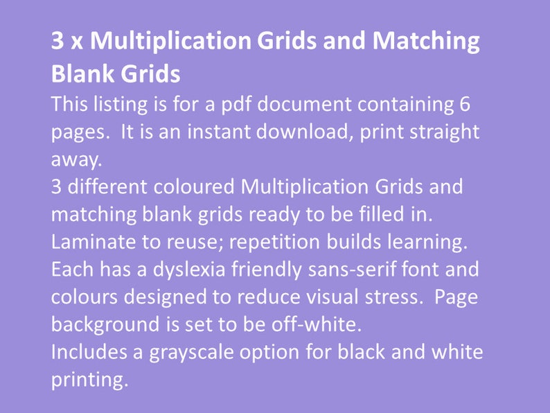 Multiplication Grid 3 Sets, Times Tables and Blank Grids, 1-12 Dyslexia ...