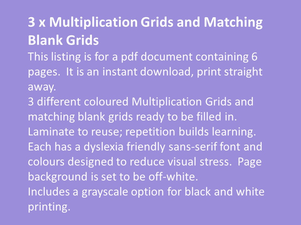 Multiplication Grid 3 Sets, Times Tables and Blank Grids, 1-12 Dyslexia ...