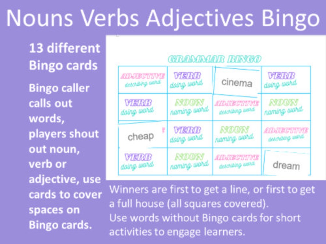 Nouns Verbs Adjectives Grammar Bingo Game Fun English Includes Parts of ...