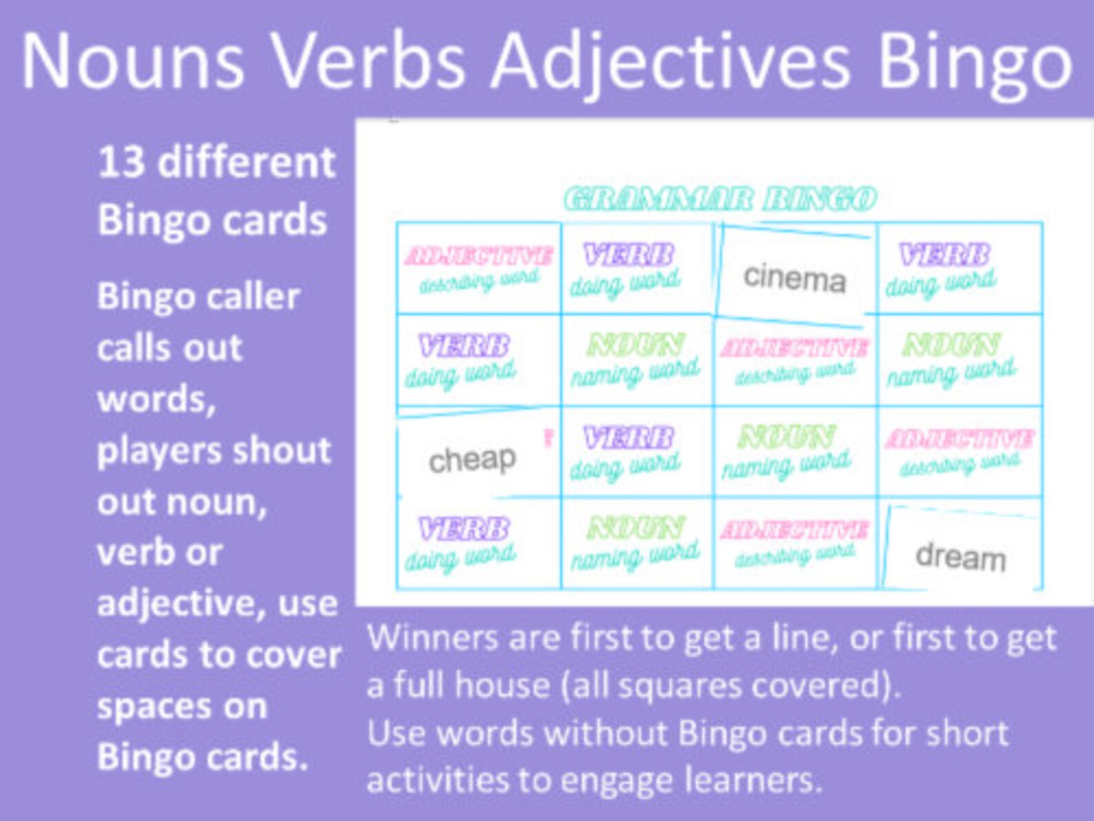 Nouns Verbs Adjectives Grammar Bingo Game Fun English Includes Parts of ...