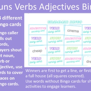 Nouns Verbs Adjectives Grammar Bingo Game Fun English Includes Parts of ...
