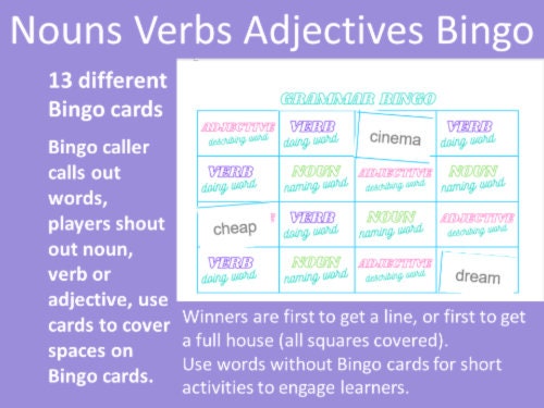 Nouns Verbs Adjectives Grammar Bingo Game Fun English Includes Parts of ...