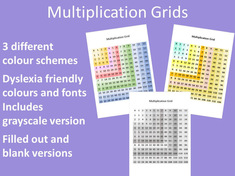 Dyslexia-friendly Multiplication Grid Set, Times Tables 1-12 (PDF) - Etsy