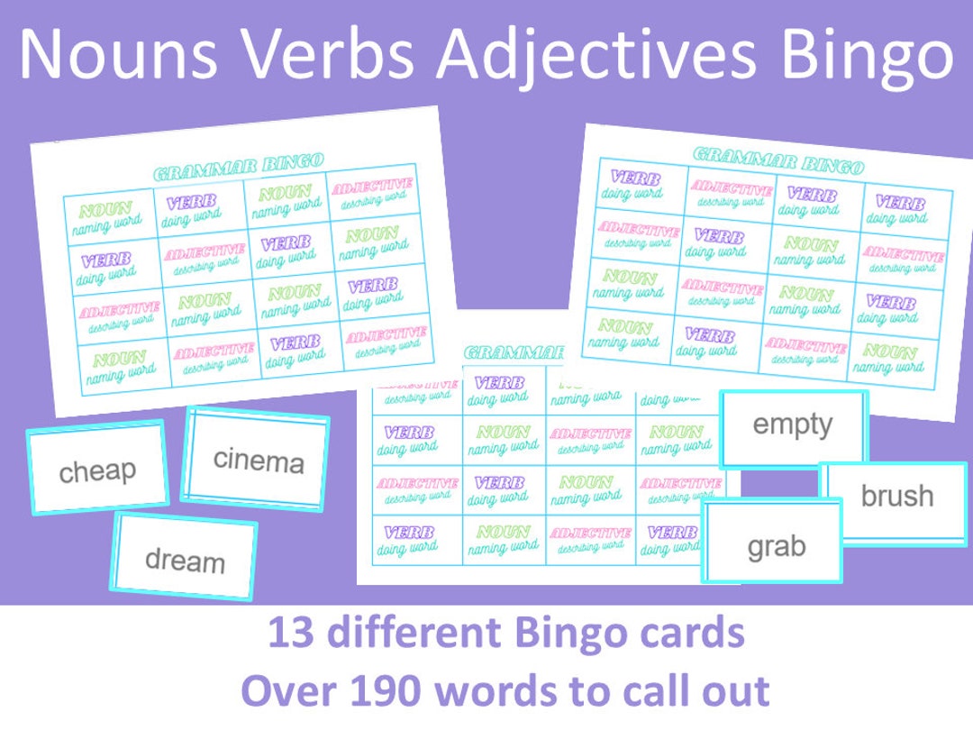 Nouns Verbs Adjectives Grammar Bingo Game Fun English Includes - Etsy
