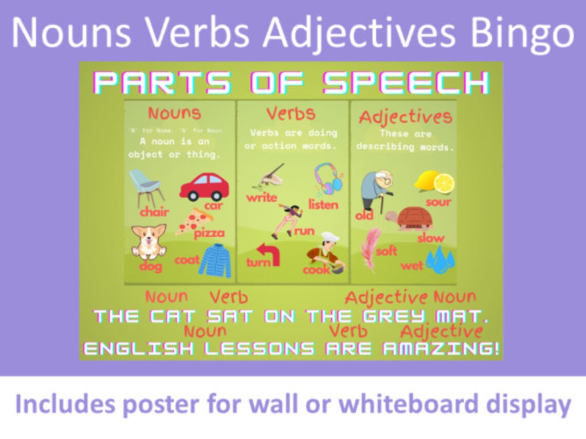 Nouns Verbs Adjectives Grammar Bingo Game Fun English Includes Parts of ...