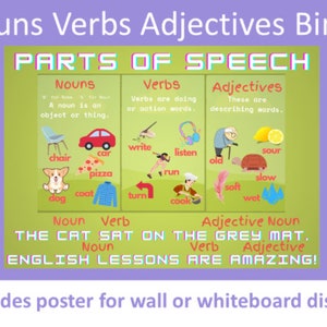 Nouns Verbs Adjectives Grammar Bingo Game Fun English Includes Parts of ...