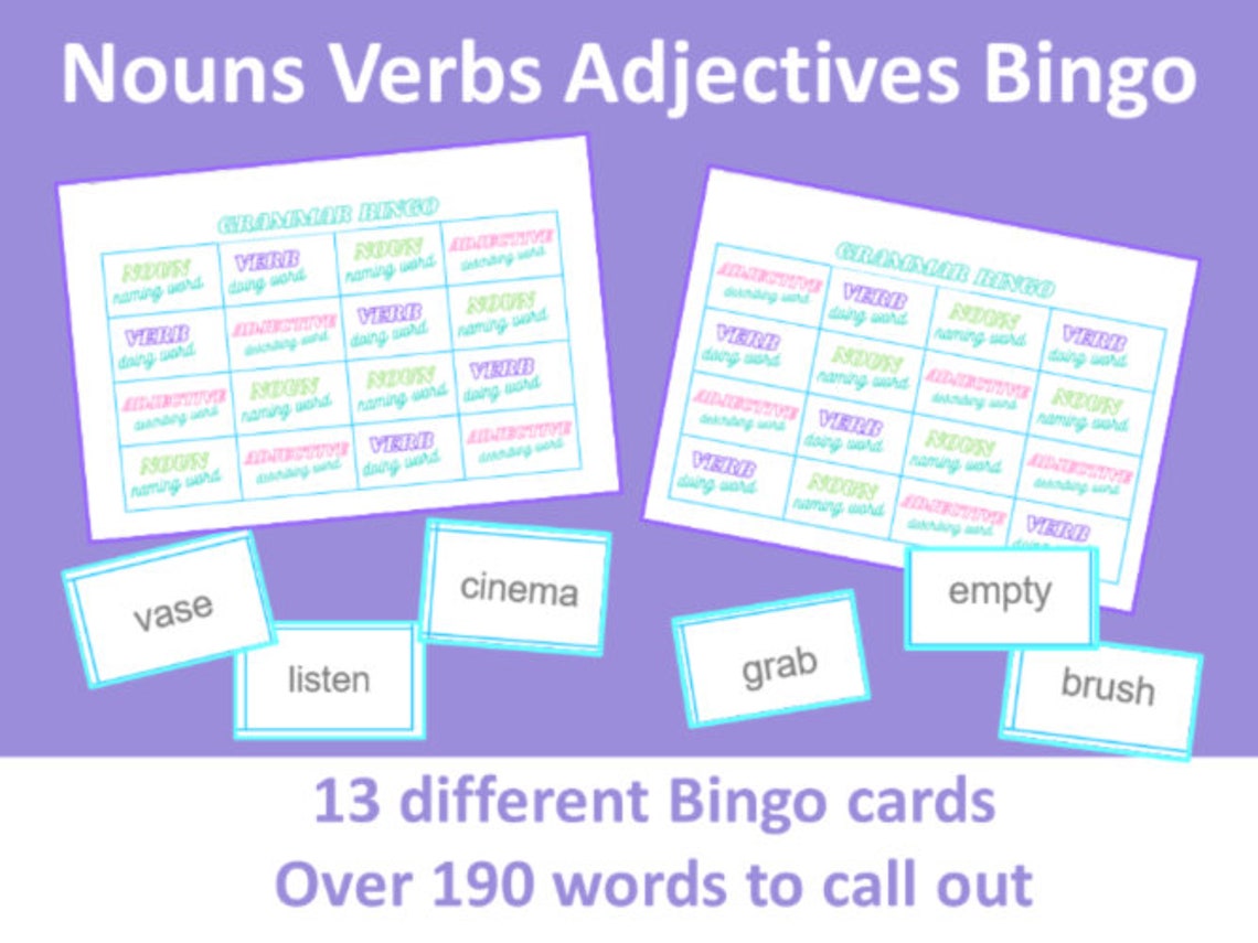 Nouns Verbs Adjectives Grammar Bingo Game Fun English Includes Parts of ...