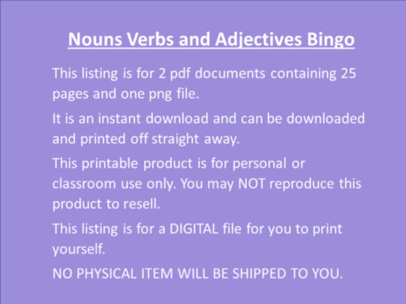 Nouns Verbs Adjectives Grammar Bingo Game Fun English Includes Parts of ...