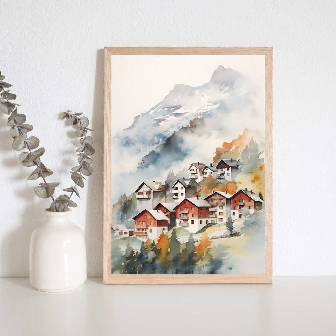 Swiss Alps Watercolour Art Print, Mountain Landscape Painting ...