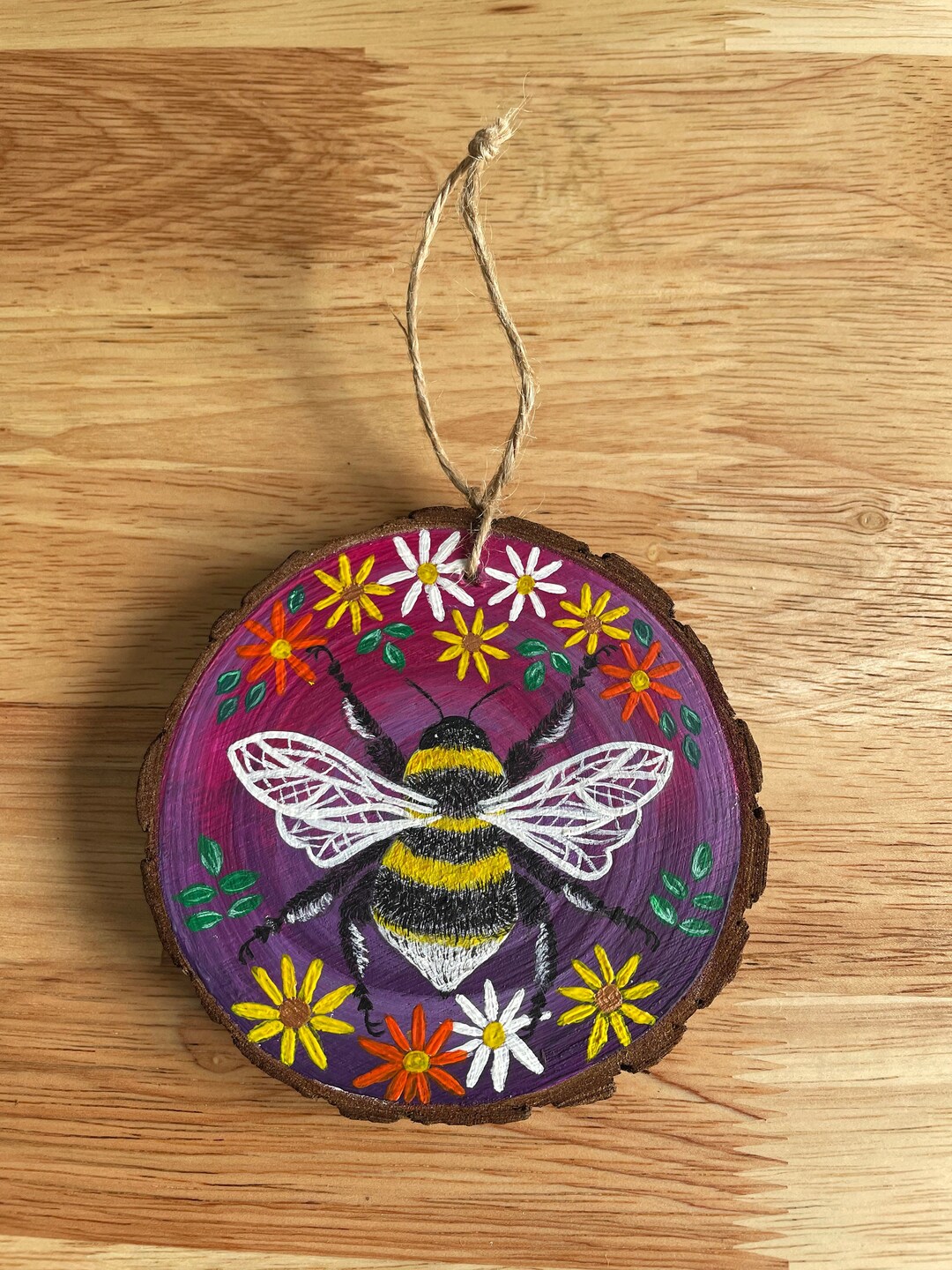 Hand Painted Floral Bumblebee Log Slice Purple, Natural Wood Hanging ...